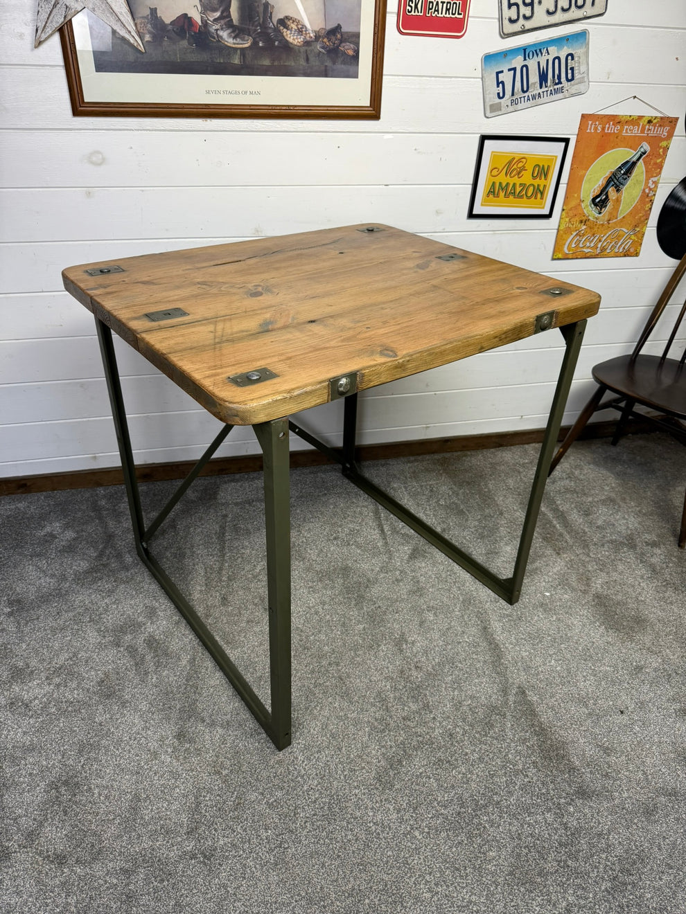 Vintage Rustic Industrial Square Table Reclaimed Metal Legs Workbench ...