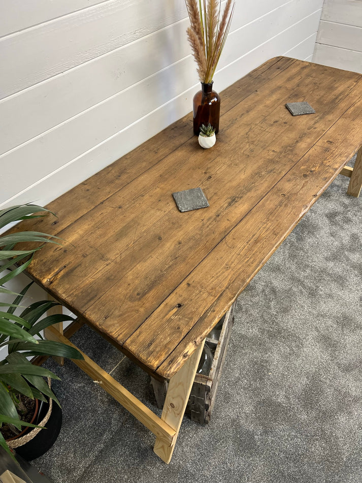 Rustic Wooden Trestle Table Top 6ft Industrial Farmhouse Dining Garden ...