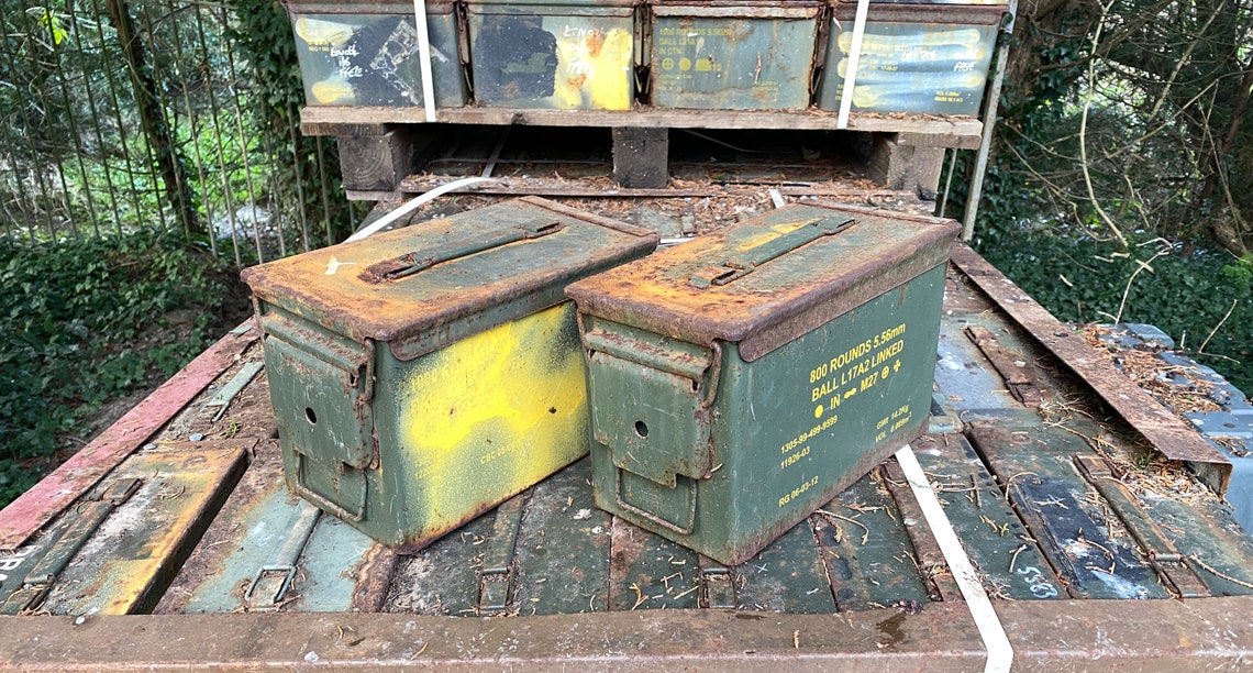 2x Metal Army Ammo Box SOLID Rustic Patina Stash Survival Reclaim Geoc ...